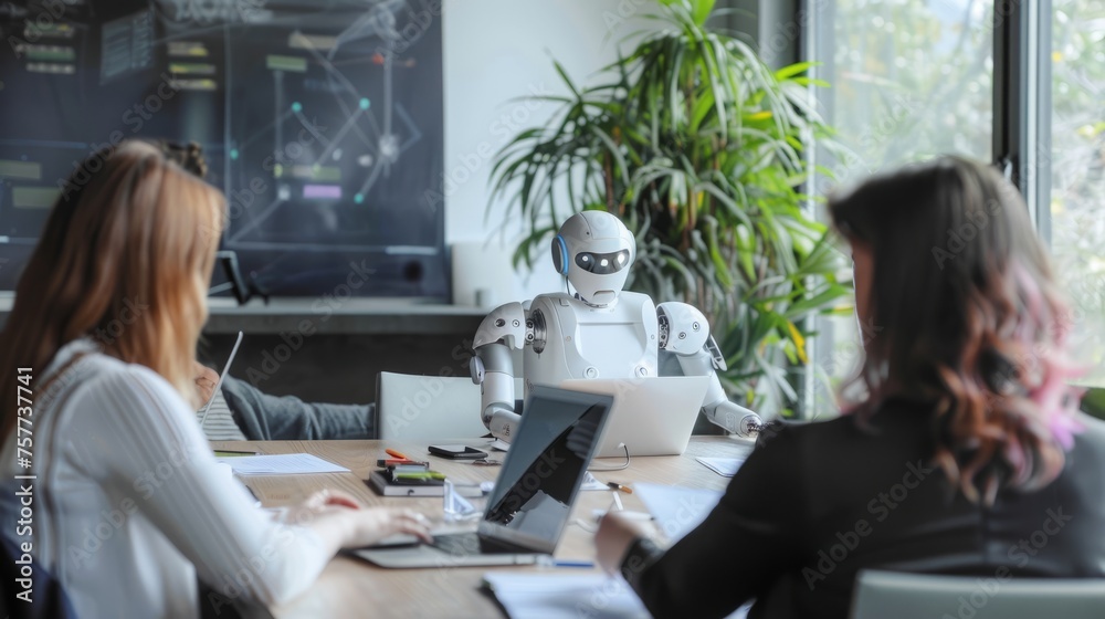 The AI robot sits at a desk, typing on a laptop on a white background ...