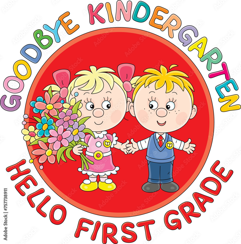 Goodbye kindergarten card with a happy little boy and girl graduates ...