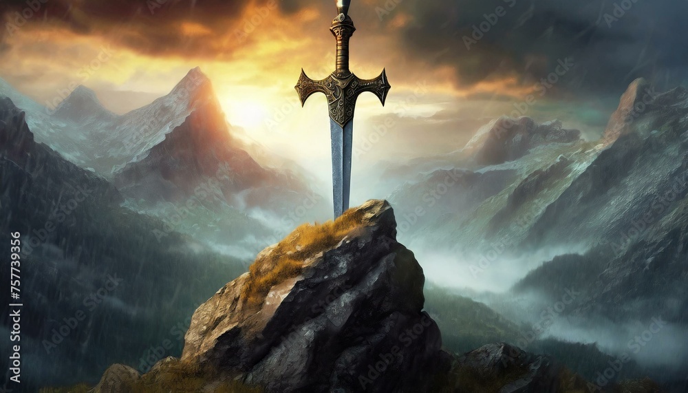 cross in the mountains, Sword stuck in a rock like in the Excalibur ...