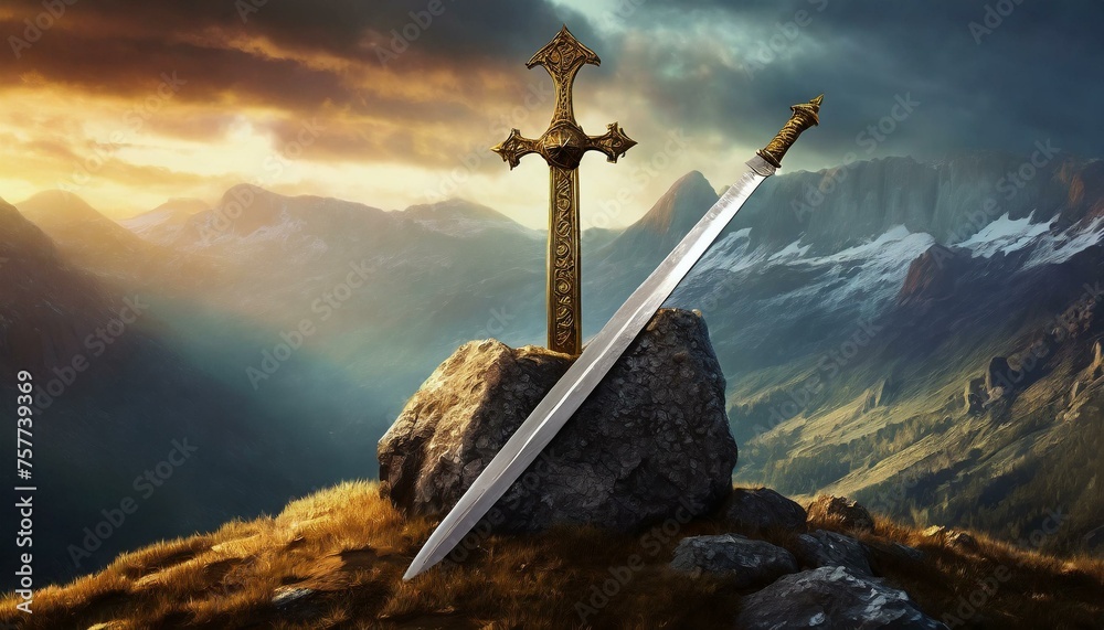 cross on the hill, Sword stuck in a rock like in the Excalibur legend ...