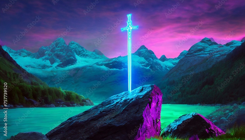 landscape with lake and mountains, Sword stuck in a rock like in the ...