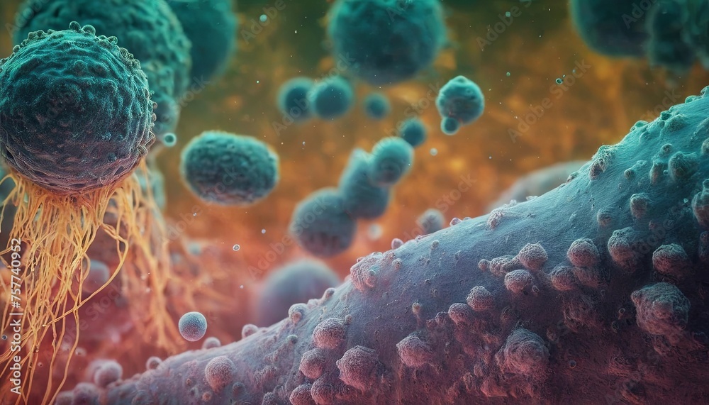 A diverse set of bacteria and viruses shown in a bright microscopic ...