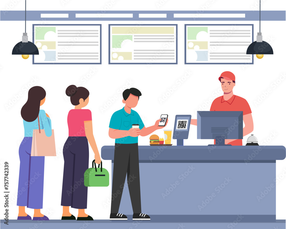 Customers stand in Queue at Cash counter in Store and pay using QR code ...