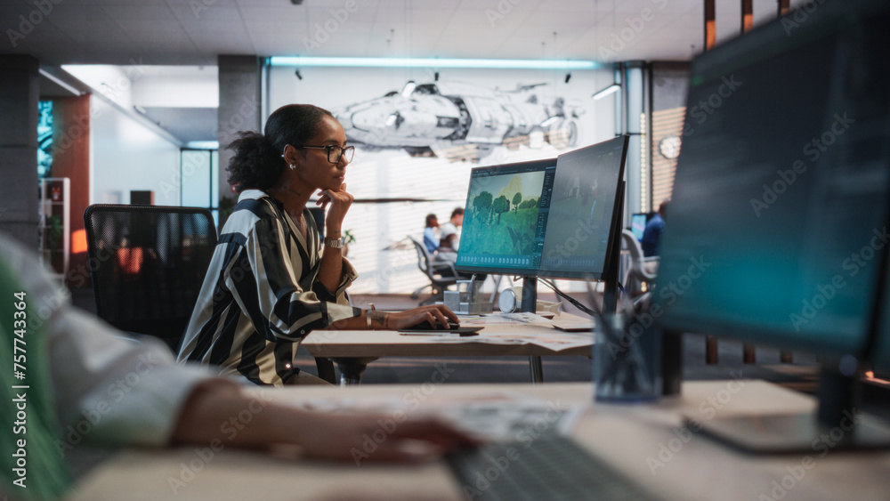 Black Female Game Developer Using Desktop Computer With 3D modelling ...