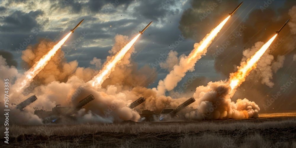 Missile launch from multiple launchers with smoke and fire. Stock ...