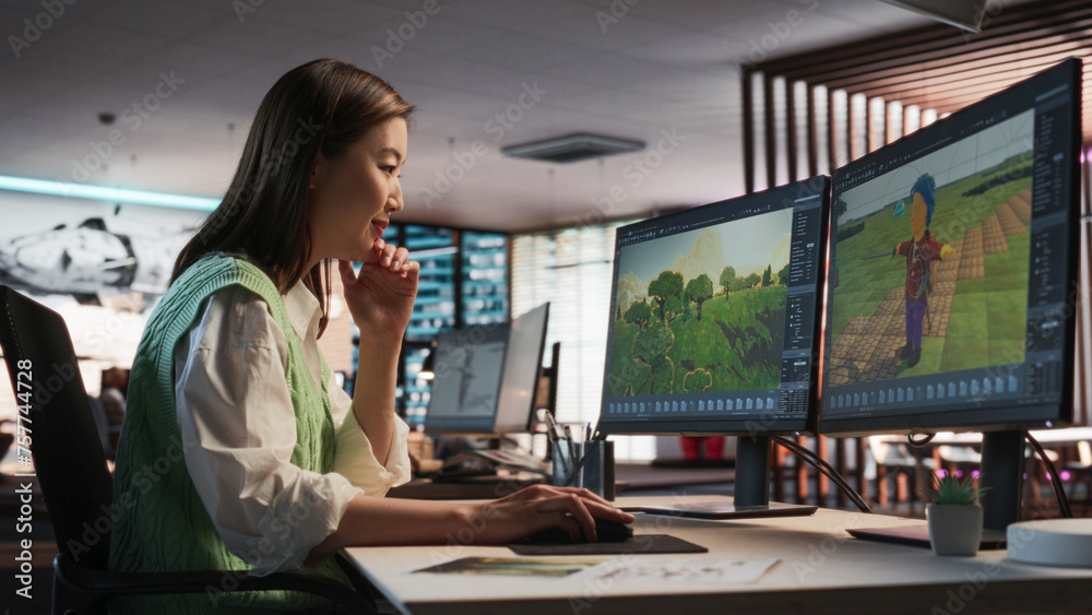 Female Asian Game Designer Using Desktop Computer, Designing Unique ...