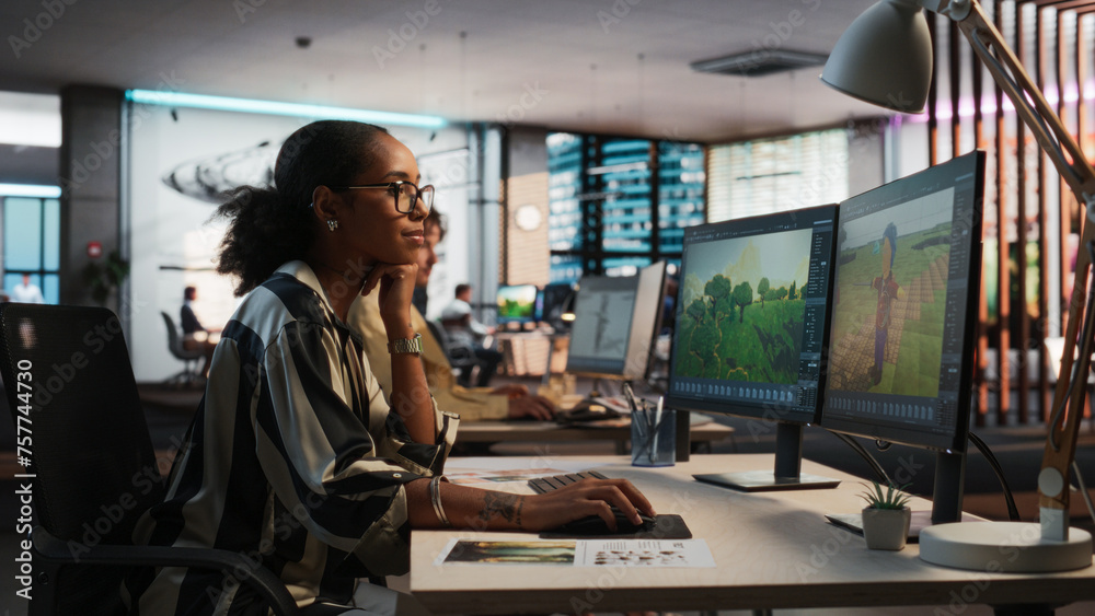 Female Black Game Developer Using Desktop Computer, Designing Unique ...