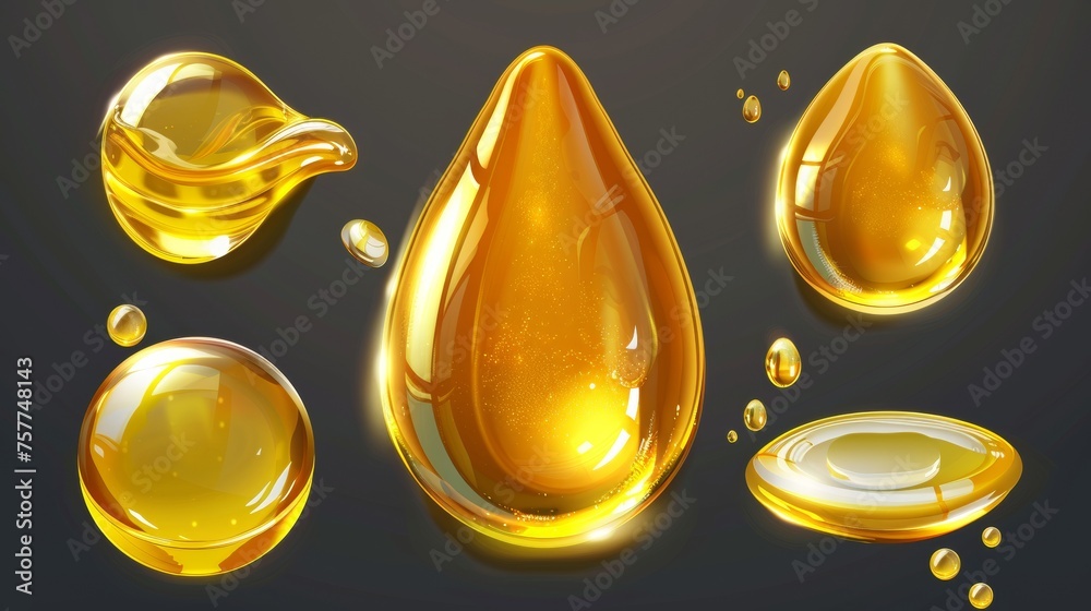 The gold honey or yellow argan oil modern droplet set is isolated ...