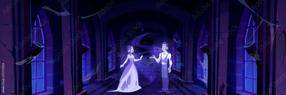 Halloween dark spooky corridor with ghost couple. Horror museum ...