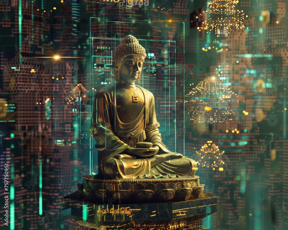 Zen Buddha statues line the streets of a cyberpunk city their calm an ...