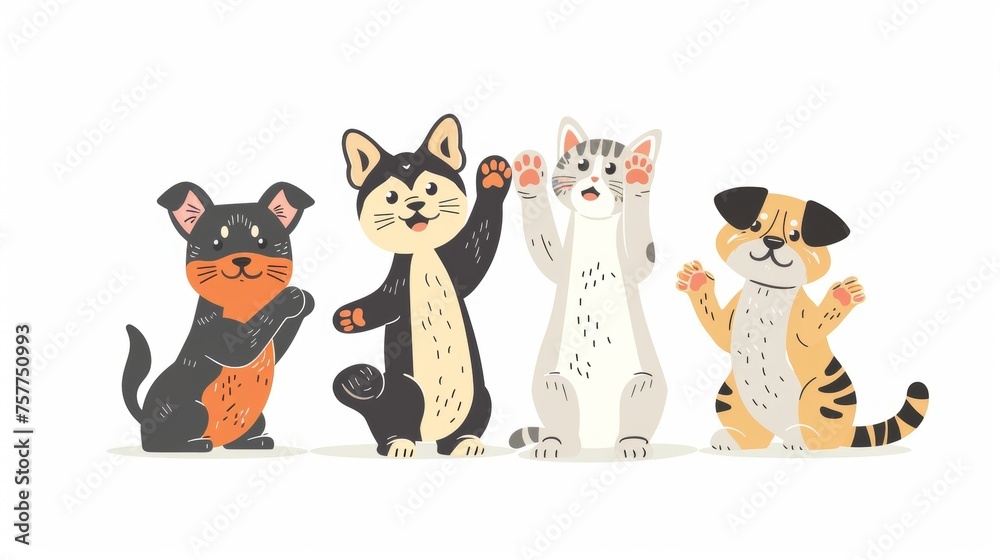 Dogs and cats giving high five with paws. Happy pets friends saying hi ...