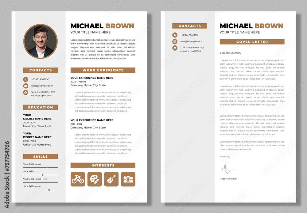 Resume Layout With Brown Accents Stock Template | Adobe Stock