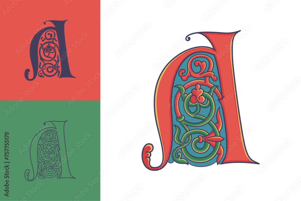 Letter A initial with trailing vines of thistle plant. Medieval ...