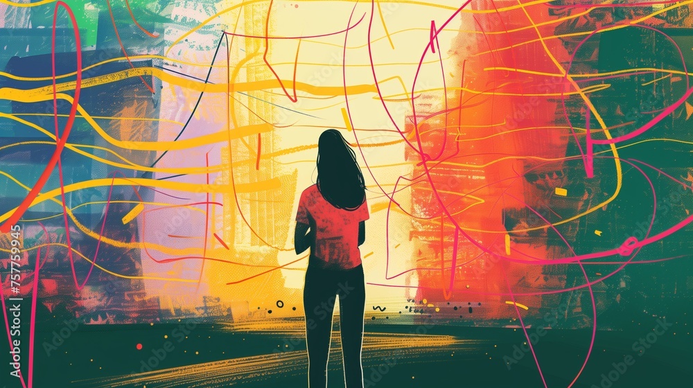 Illustration depicting cognitive dissonance concept with a female ...