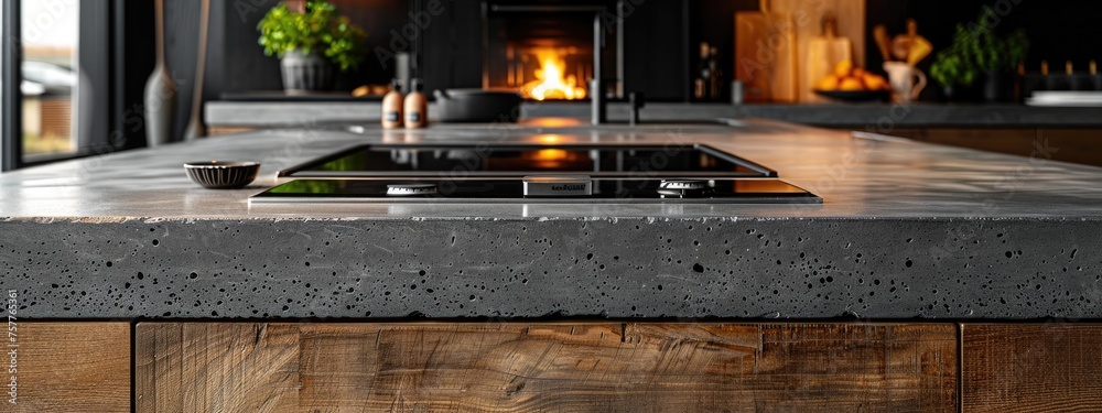 Kitchen benchtop detail. concrete benchtop and timber drawers Stock ...