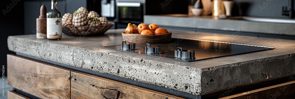 Kitchen benchtop detail. concrete benchtop and timber drawers Stock ...
