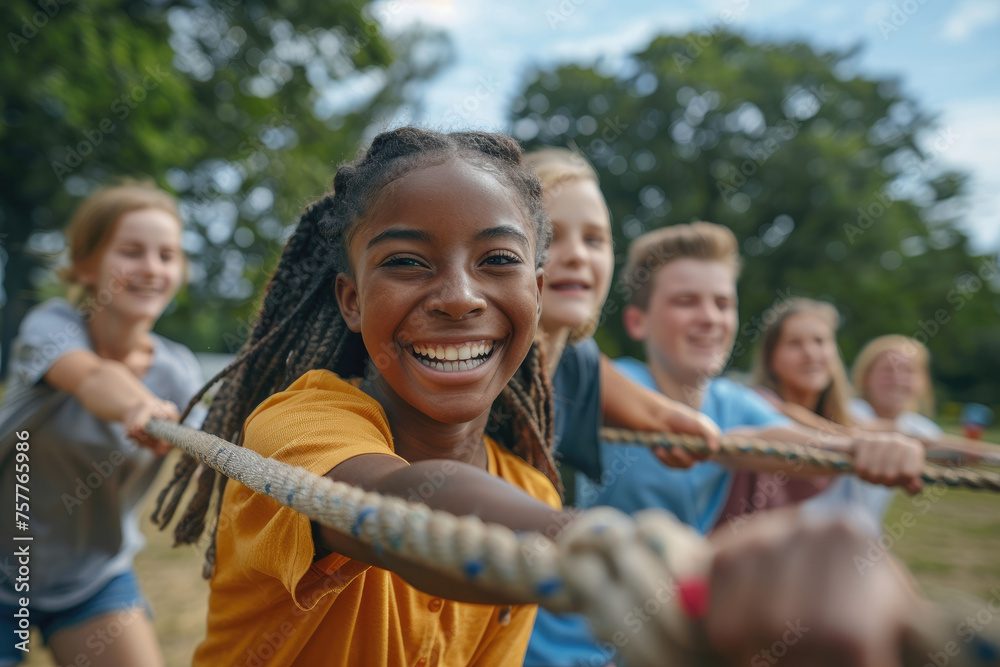 young people playing tug of war in the park. A multiracial group of ...
