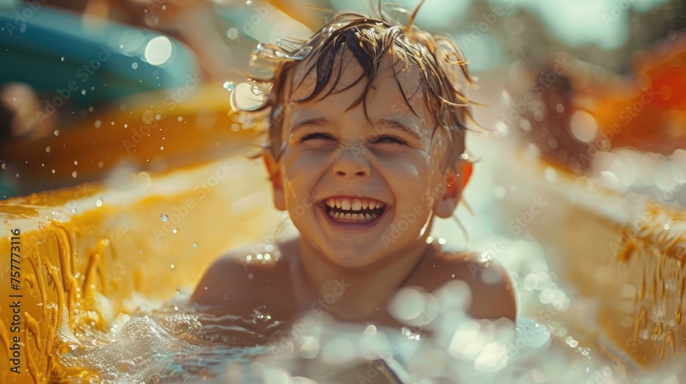 Funny little boy rides off an orange slide in water park. Child ride ...