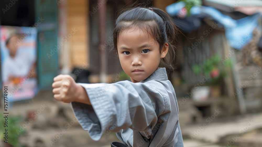 the little girl enthusiastically practices pencak silat in front of her ...