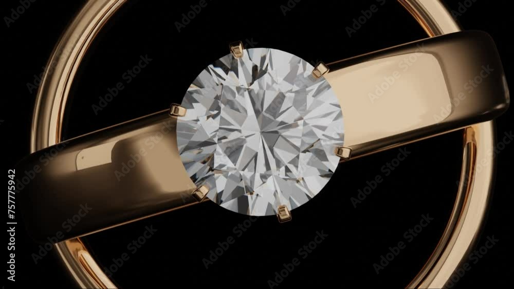Two gold diamond rings rotating on black background from 3D animation ...