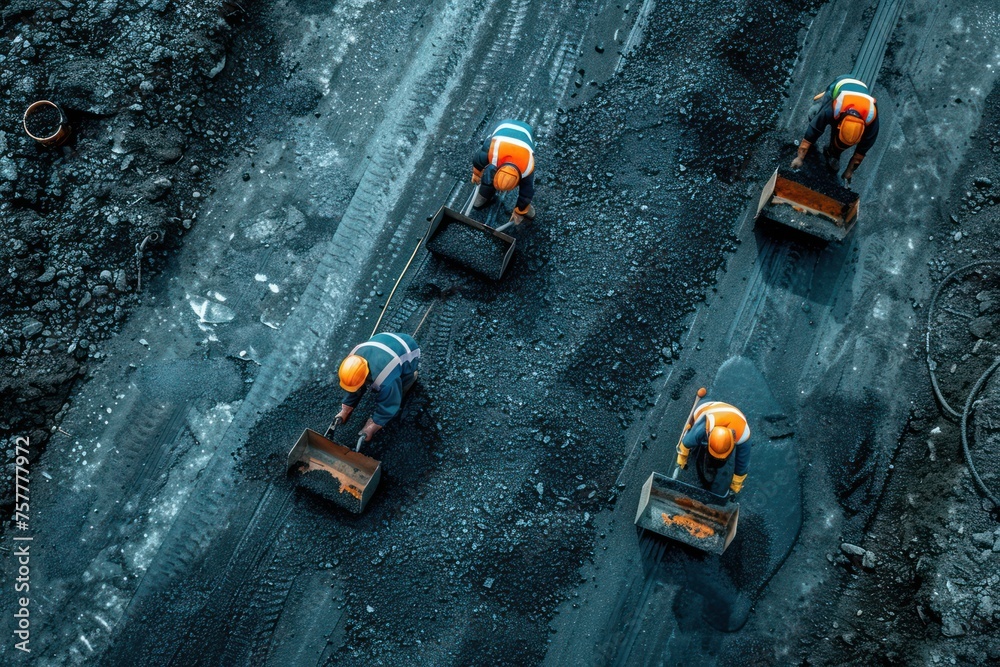 Road construction workers' teamwork, tarmac laying works at a road ...