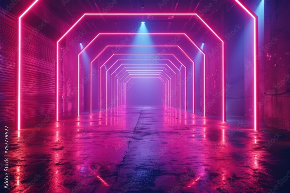 Neon light abstract background. Neon glowing lights stage with 80s ...