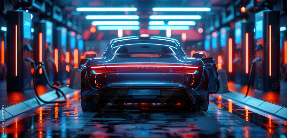 EV car in futuristic vehicle concept. Electric car charging station and ...