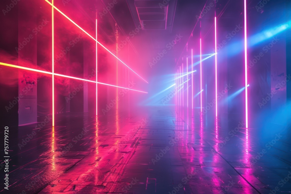 Neon light abstract background. Neon glowing lights stage with 80s ...