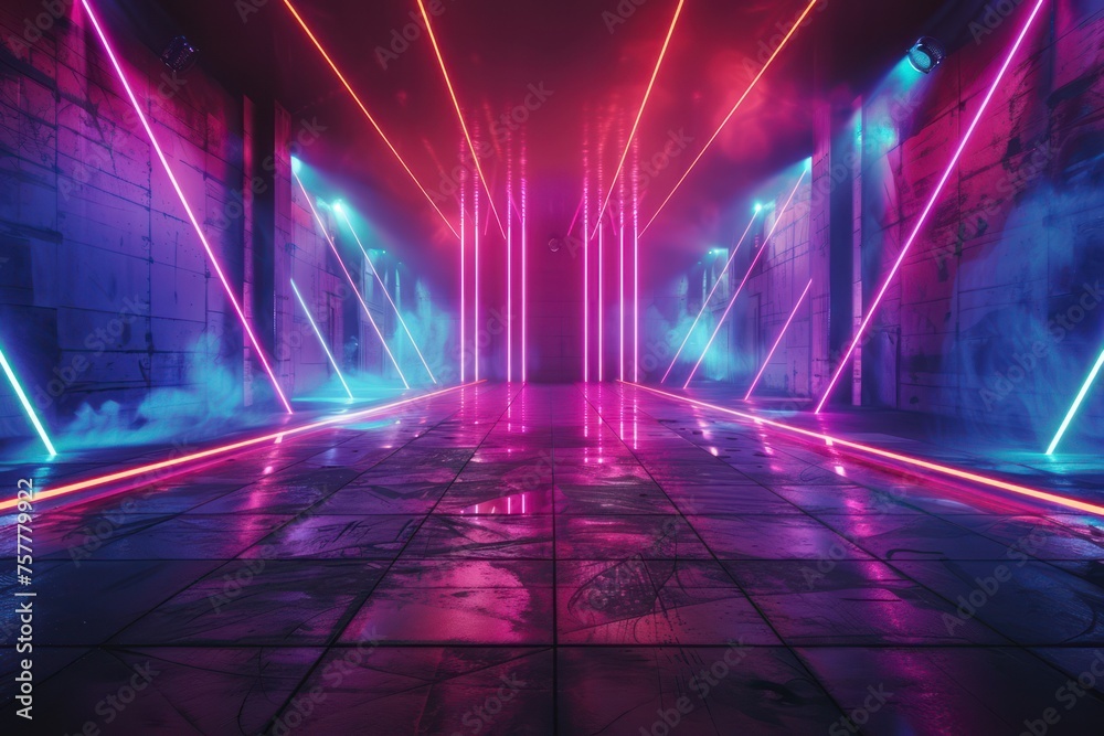 Neon light abstract background. Neon glowing lights stage with 80s ...