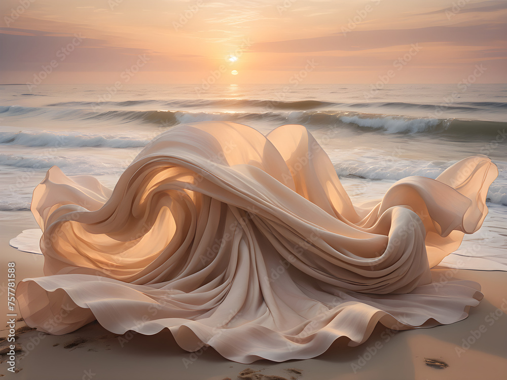 Abstract artwork depicting waves of fabric flowing on the shore in ...