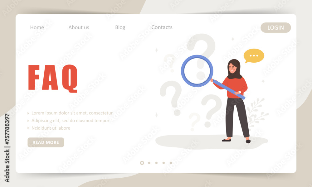 FAQ concept. Landing page template. Arab woman with magnifying glass search for answers. Online ...