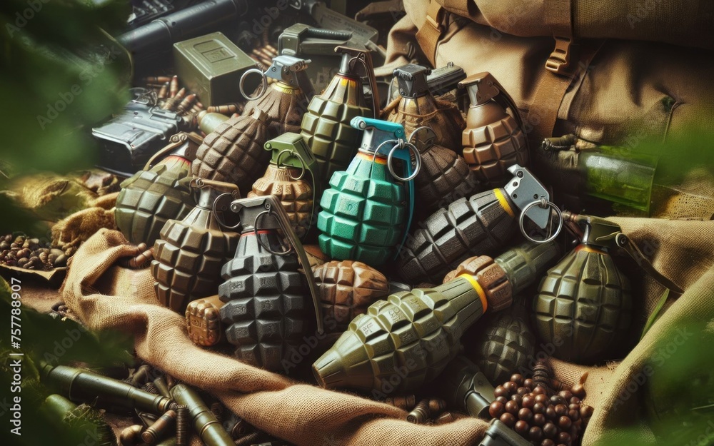 Hand-held fragmentation grenades are stacked in a row during military exercises Stock Photo ...