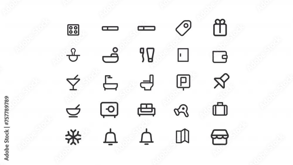 Hotel line animation library. Animated amenities icons. Hotel room ...