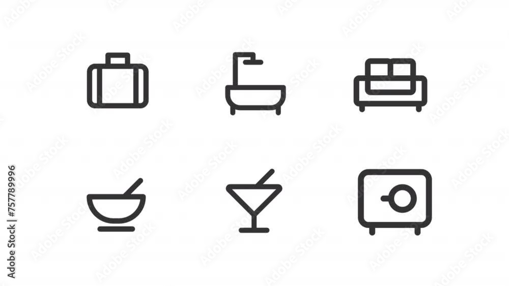 Amenities line animation library. Animated room facilities icons. Hotel ...