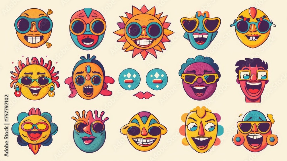 Cute retro hippie illustration of 70s groovy comic faces. Retro groovy ...