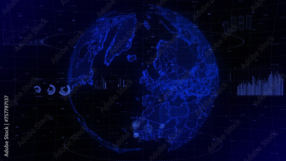 cinematic digital globe rotating video background showcases zooming in ...