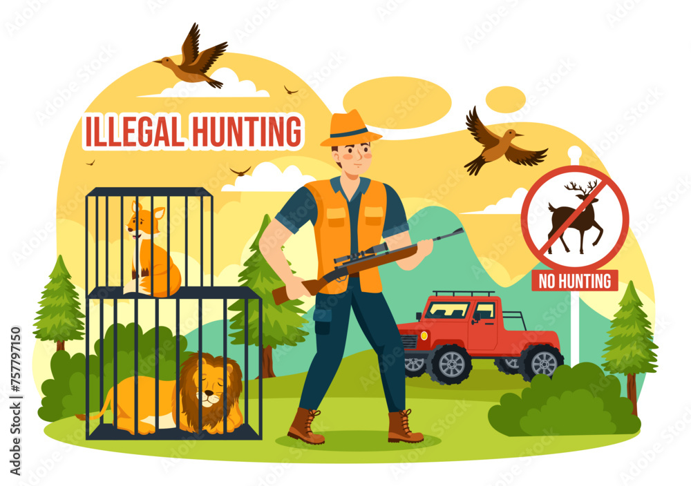 Illegal Hunting Vector Illustration by Shooting, Taking Wild Animals ...