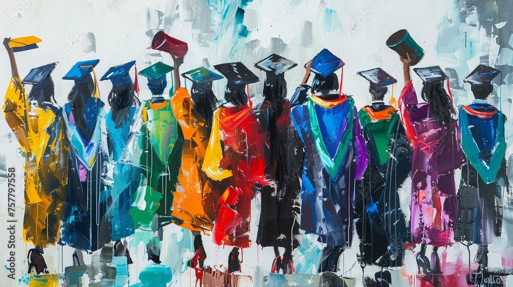 abstract aclylic art of a group of graduated students wearing degree ...