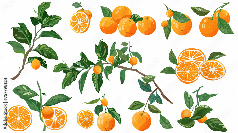 set of vector illustrations, oranges on a branch with leaves and fruit ...