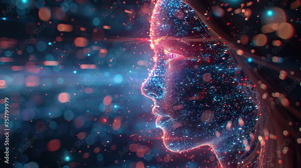 Virtual assistant avatar in a chat, surrounded by digital neon ...