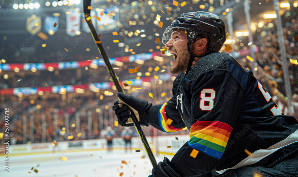 Professional HBTQ ice hockey player celebrating the championship win ...