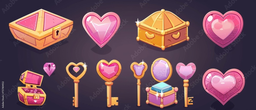 Cartoon icon set for games with heart shapes. Modern illustration kit ...