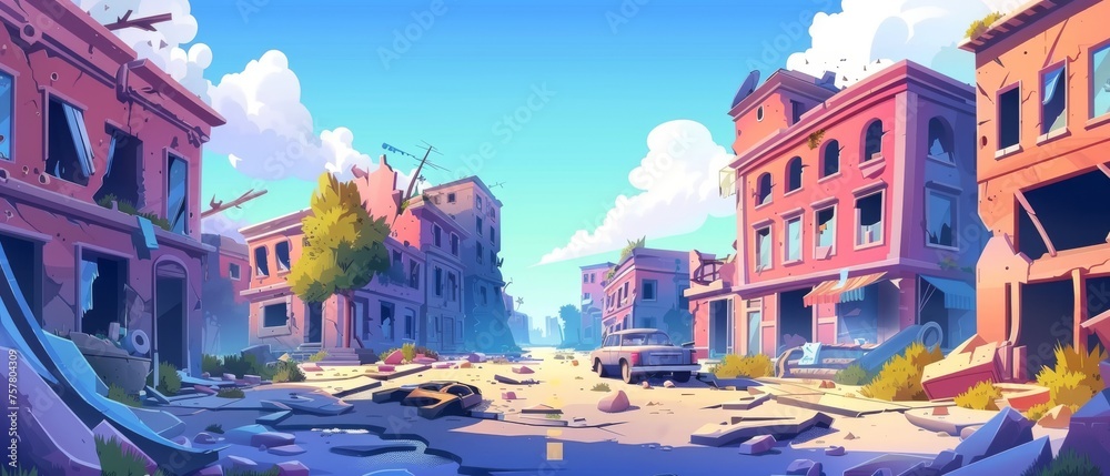 Destroyed building, car and road in abandoned ruin city. Cartoon modern ...