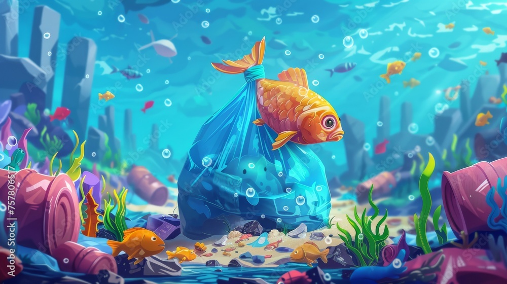 Plastic pollution in the ocean - a sad scared fish is tangled in ...