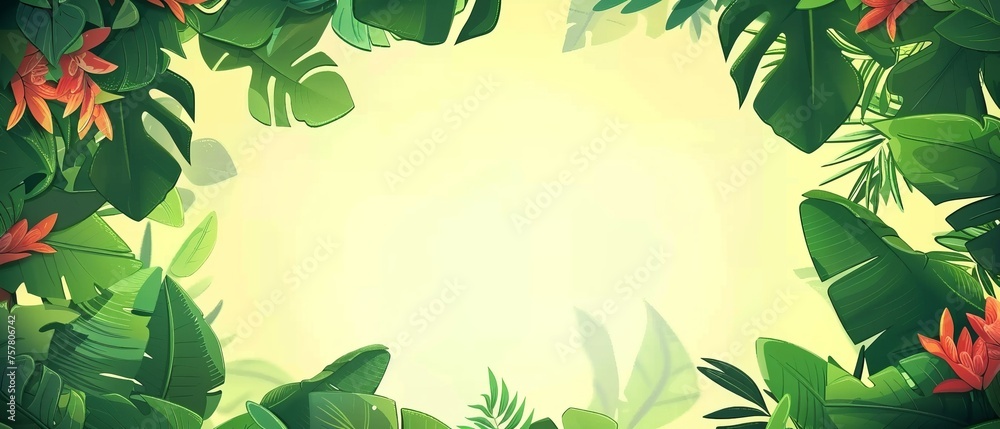 Various liana vines, green leaves, and flowers frame a jungle ...