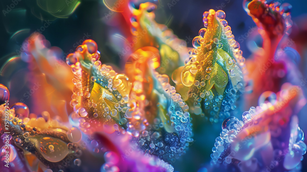 Close-up of a cannabis bud under a microscope with vivid colors and ...
