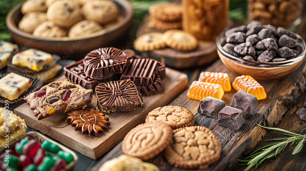 Assorted Cannabis edibles including gummies and chocolates on wooden ...