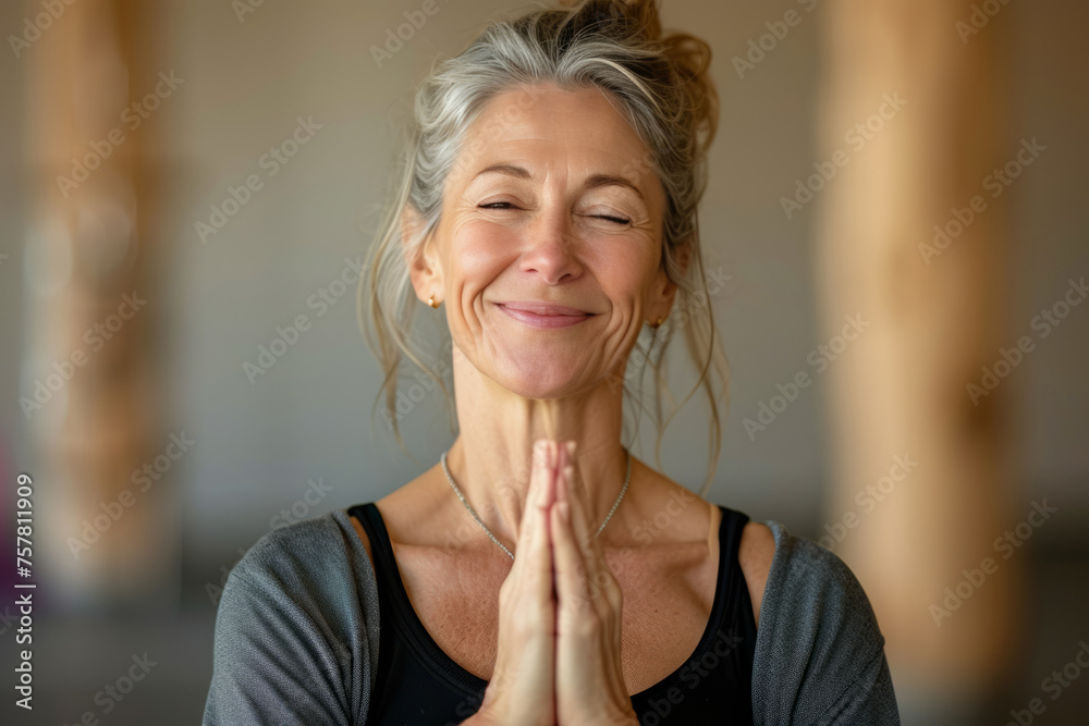 Smiling Mature Woman Practicing Meditation And Mindfulness At A Gym