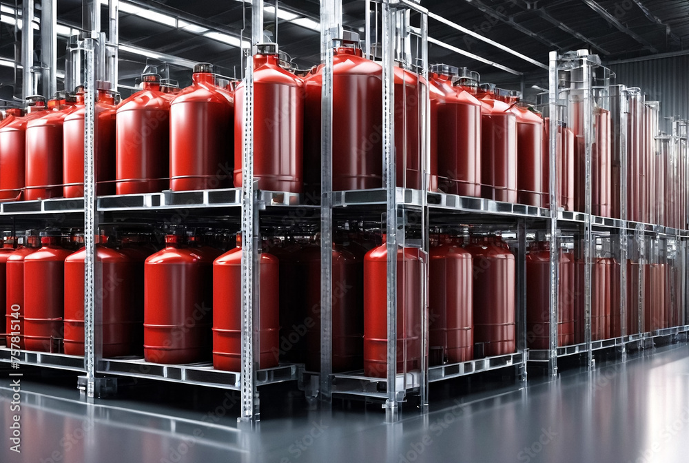 Racks of liquid container stored in industry warehouse storage of ...