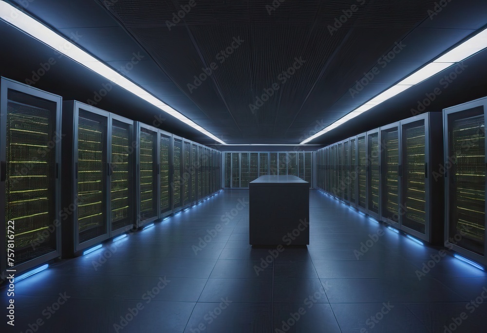 Futuristic background image of rack server with blinking lights in supercomputer, copy space ...